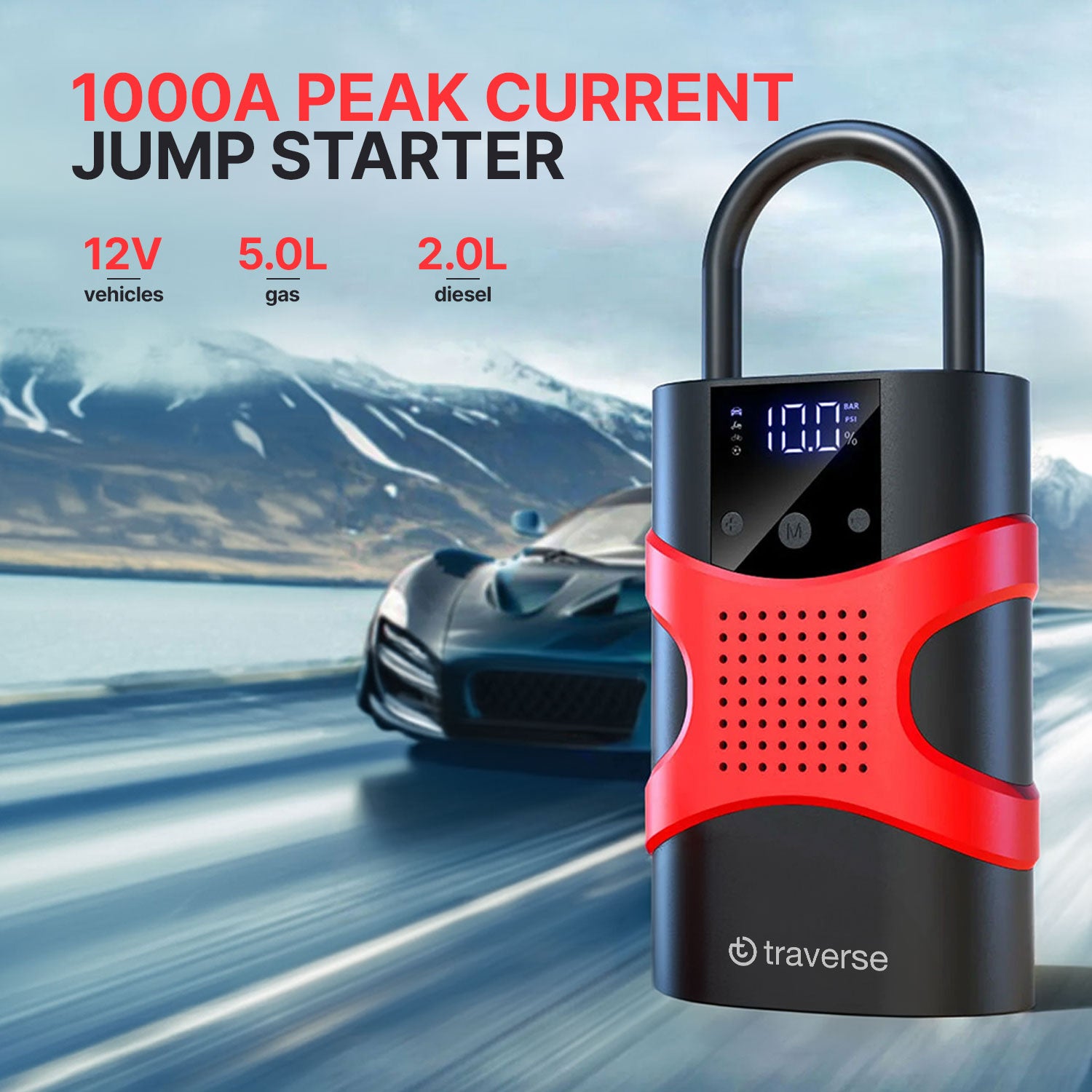 Traverse 2-in-1 Smart Tire Pump and Jump Starter, 1000A 12V Battery Bo